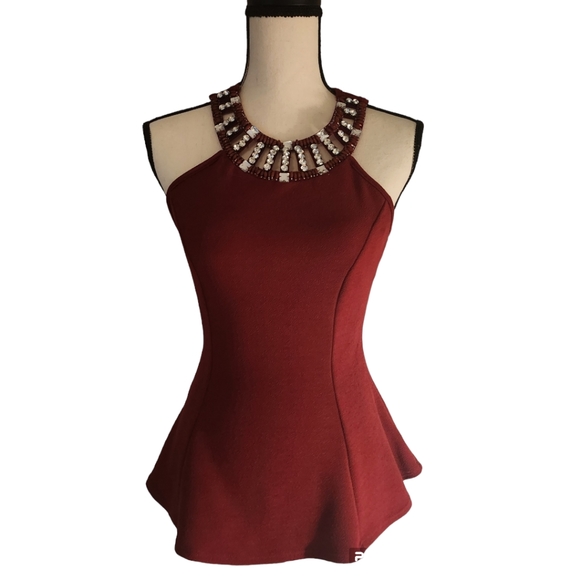 Papaya | Tops | Papaya Red Halter Rhinestone Peplum Keyhole Back Button ...